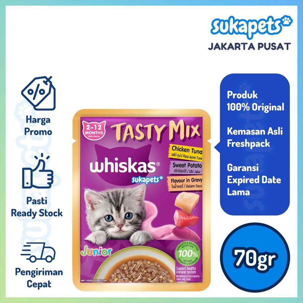 Jual Whiskas Tasty Mix Junior Kitten Chicken Tuna Sweet Potato 70gr | Shopee Indonesia