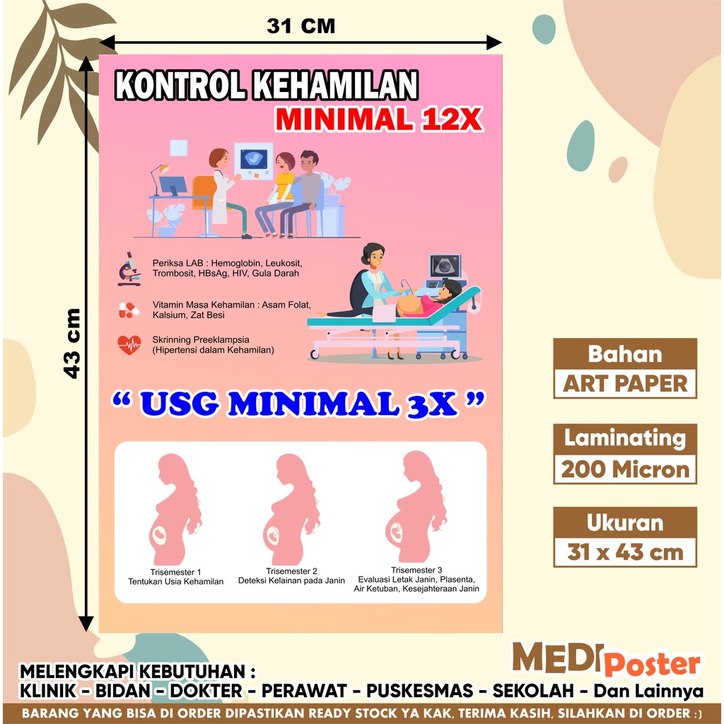 Jual Poster Kontrol Kehamilan Minimal 12 Kali, USG minimal 3 Kali ...