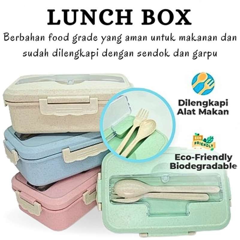Jual Lunch Box Set Kotak Bekal Makan Jerami Gandum BPA Free Bento Box Nasi 3 Sekat 4 In 1 1000ML ...