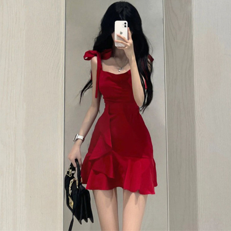 Jual Frilled Mini Red Dress with Tie Detail - Busana Casual Kasual Merah Imlek / Korean Style ...