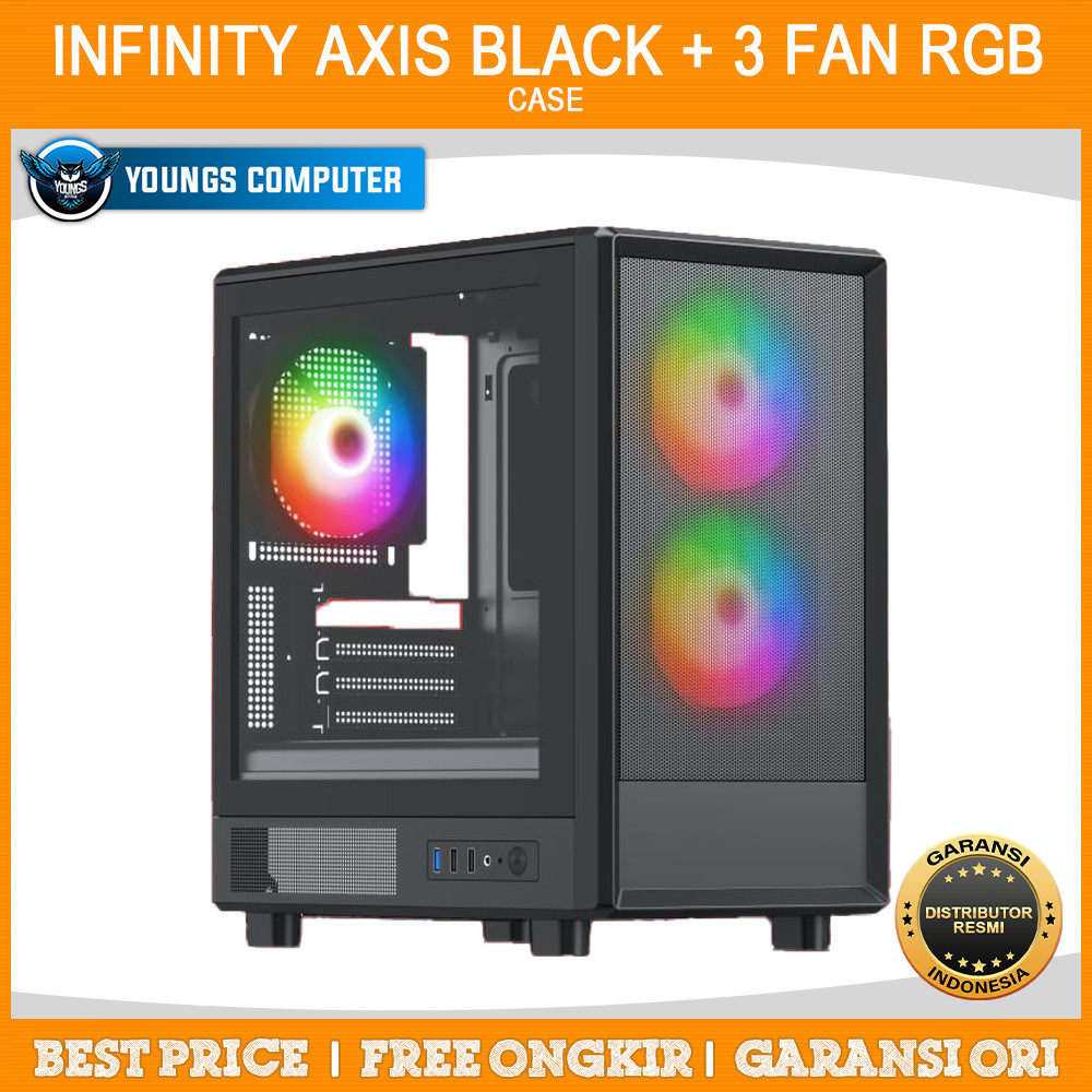 Jual CASING INFINITY AXIS BLACK + 3 Fan RGB mATX Compact Case Mesh Temper | Shopee Indonesia