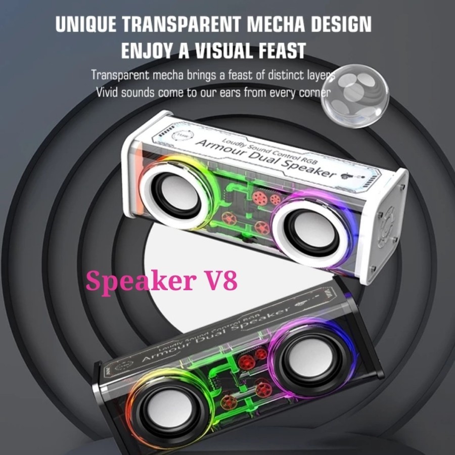 Jual V8 Dual Horn Bass Transparan Mech Speaker Bluetooth Soundbar RGB ...