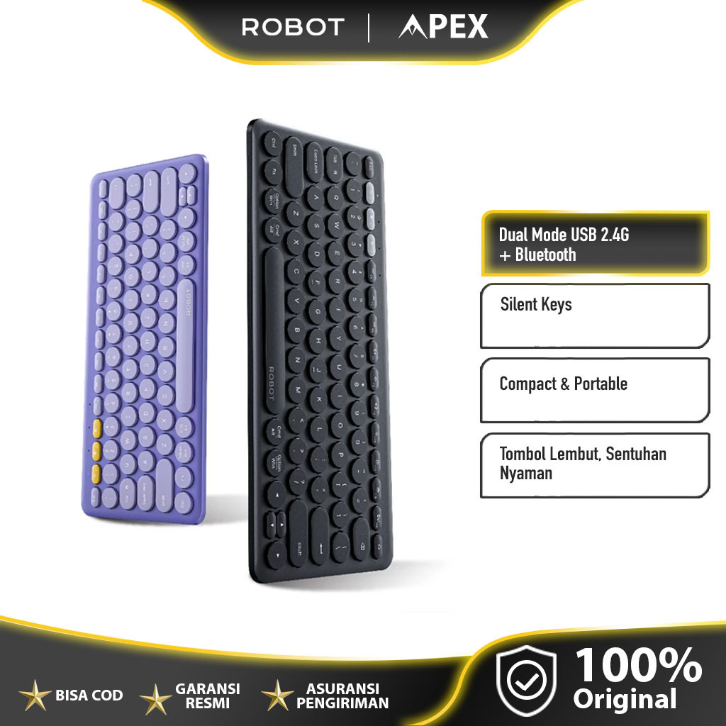Jual ROBOT Keyboard Wireless 3 Koneksi Bluetooth USB Silent Keys Multi ...