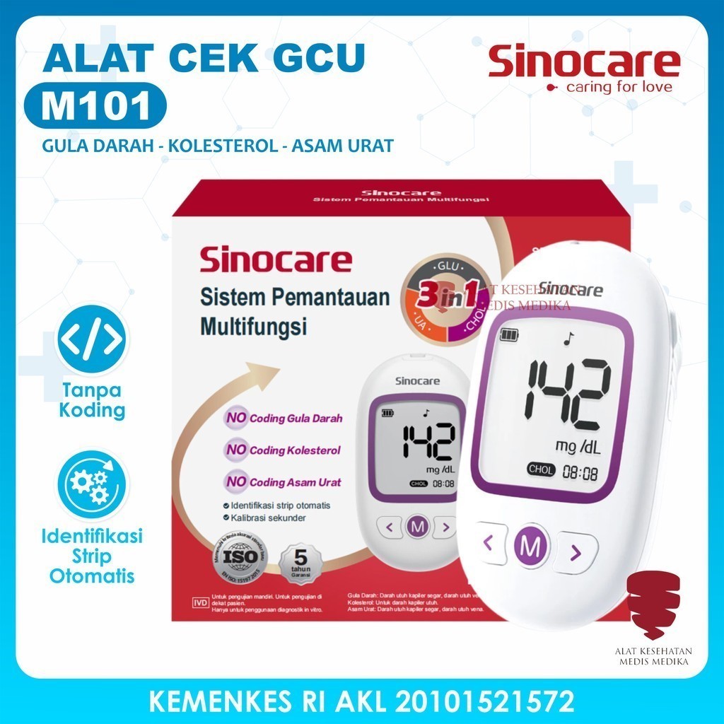 Jual Alat Test GCU No Coding M101–GCU Cek 3in1 Gula Darah Kolesterol ...