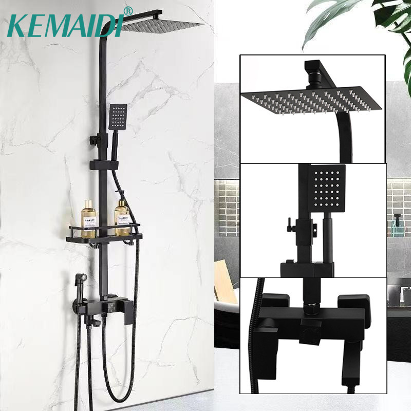 Jual KEMAIDI Rainfall Bathroom Shower Faucet Set With Rack Shelf Bathtub Mixer Tap Black Wall ...