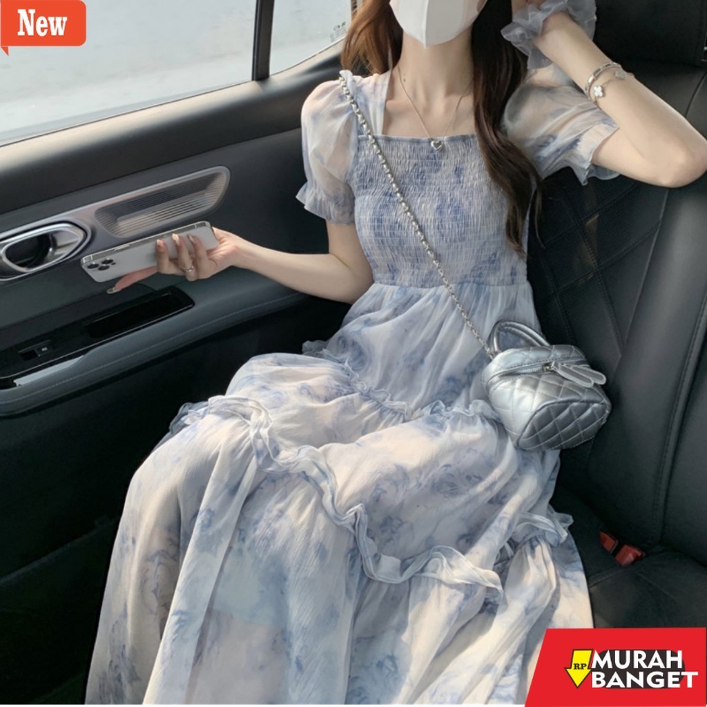 Jual dress wanita kekinian floral dress biru muda princess Elegant ...