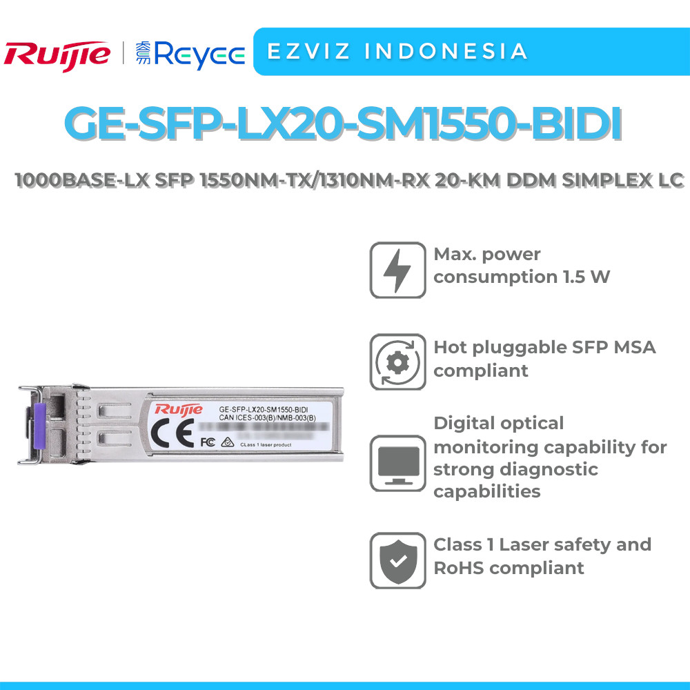 Jual RUIJIE REYEE GE-SFP-LX20-SM1550-BIDI 1000BASE-LX SFP 1550NM-TX/1310NM-RX 20-KM DDM SIMPLEX ...