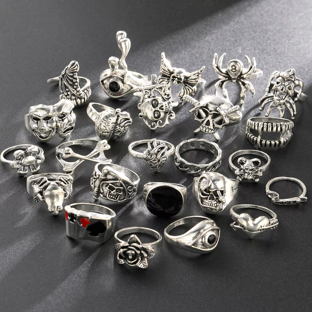 Jual 24Pcs/Set Punk Gothic Rings Sets Silver Color Skeleton Spider ...