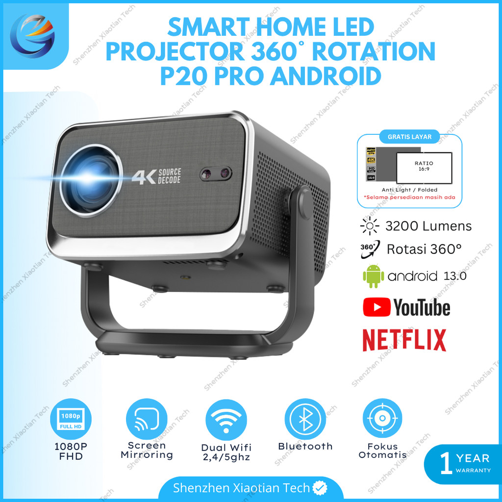 Jual Smart Proyektor Mini LED P20 Android 13.0 Wifi 3200 Lumens 360 ...