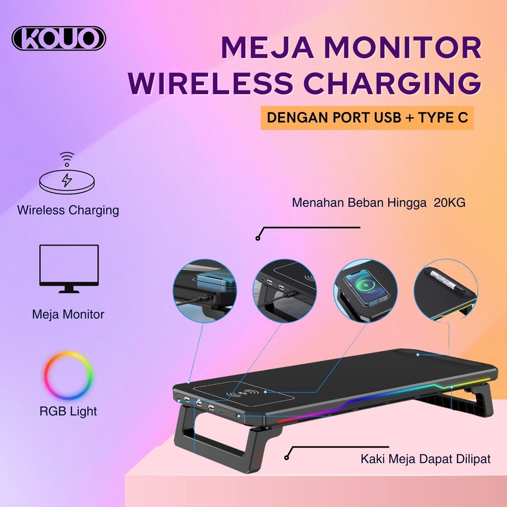 Jual KOUO Monitor Stander Wireless Charging RGB Light Meja Lipat Type-C ...
