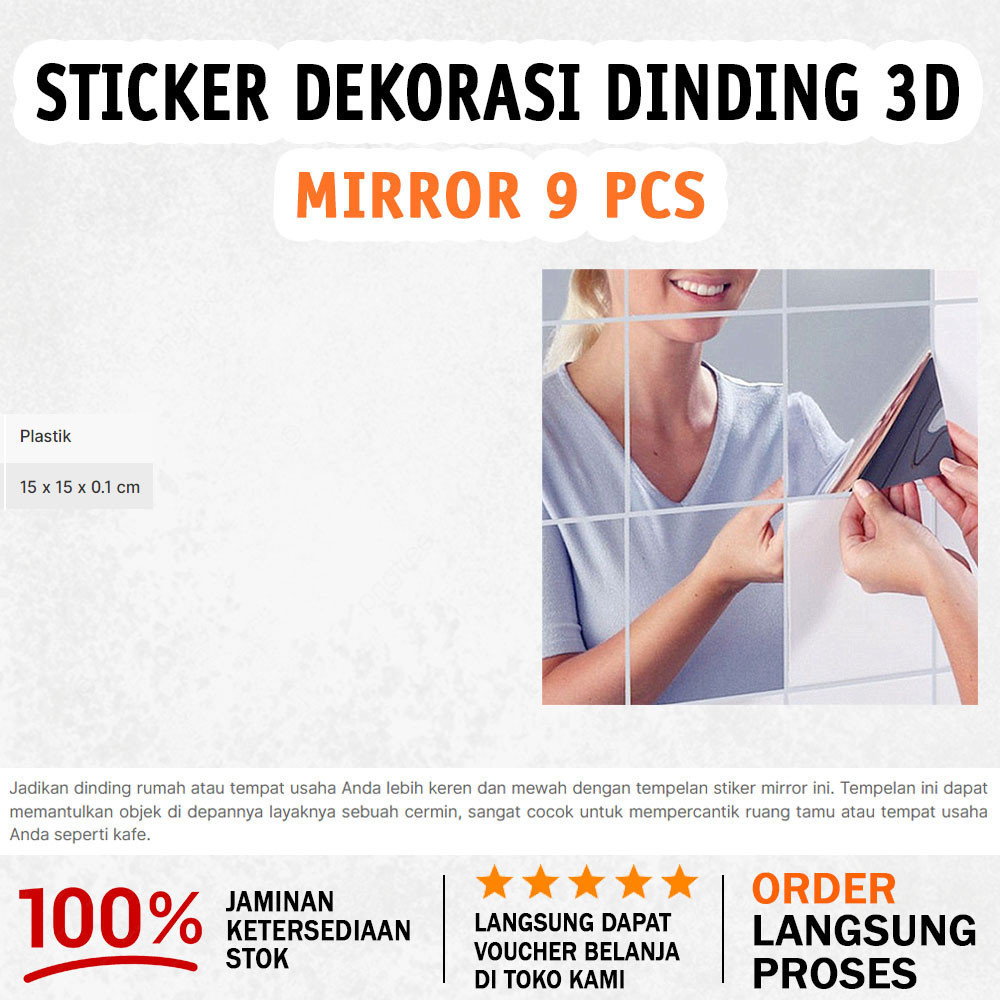 Jual 9 PCS Sticker Dekorasi Dinding Model 3D Square Mirror 15 x 15 x 0 ...