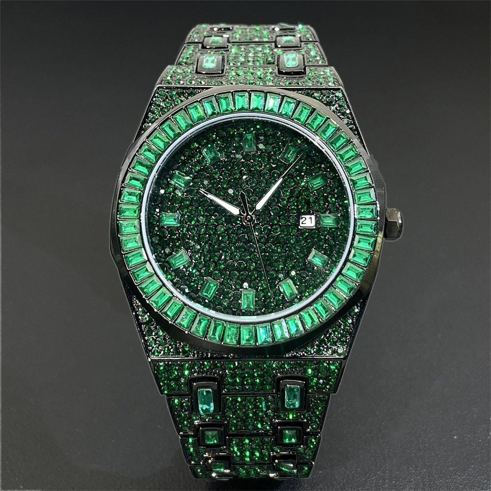 Jual 2024 Hip Hop Green amond Watche For Men Fashion Automatic Date AAA ...