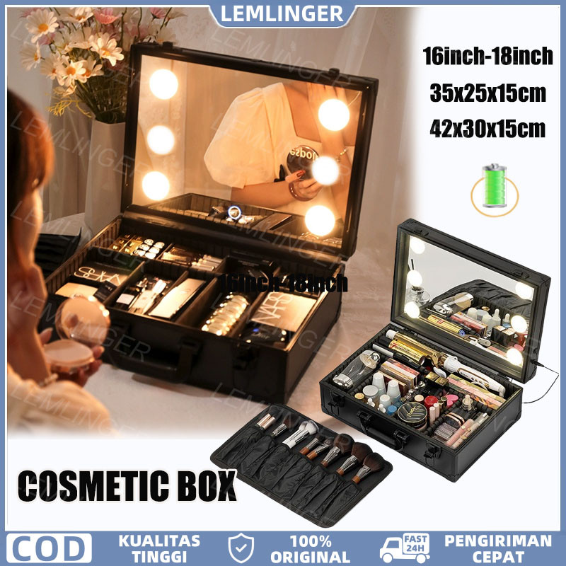 Jual 【LEMLINGER】Tas Makeup Lampu Beauty Makeup Case Full Mirror Built ...