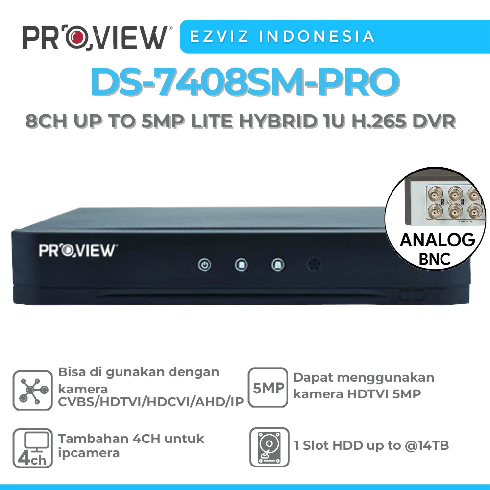 Jual PROVIEW DS-7408SM-PRO 8CH UP TO 5MP LITE HYBRID +4 IP CH 1 SLOT ...