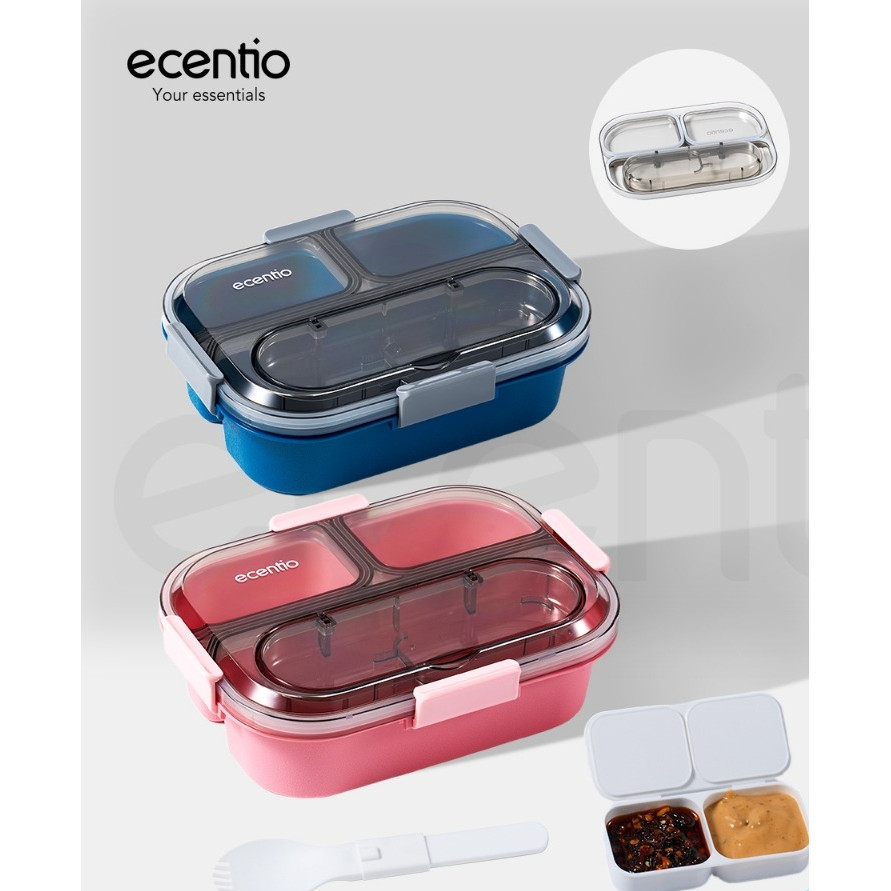 Jual ecentio Kotak Makan anti tumpah 3 Grid 1100ml lunch box sekat anti tumpah Biru/Pink tempat ...