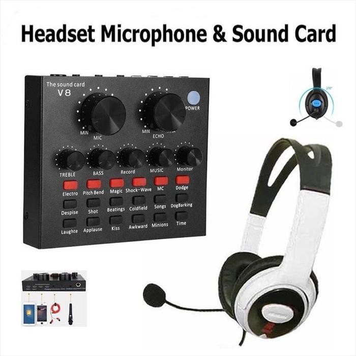 Jual Set Headset Microphone X Plus Sound Card V8 Mikrofon Soundcard ...