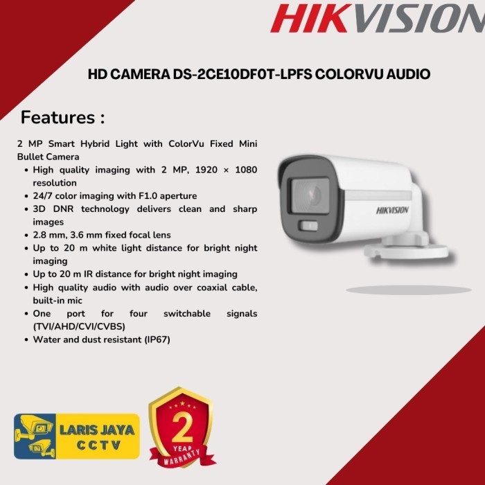 Jual CAMERA CCTV HIKVISION COLORVU AUDIO DS-2CE10DF0T-LPFS 2MP Outdoor ...