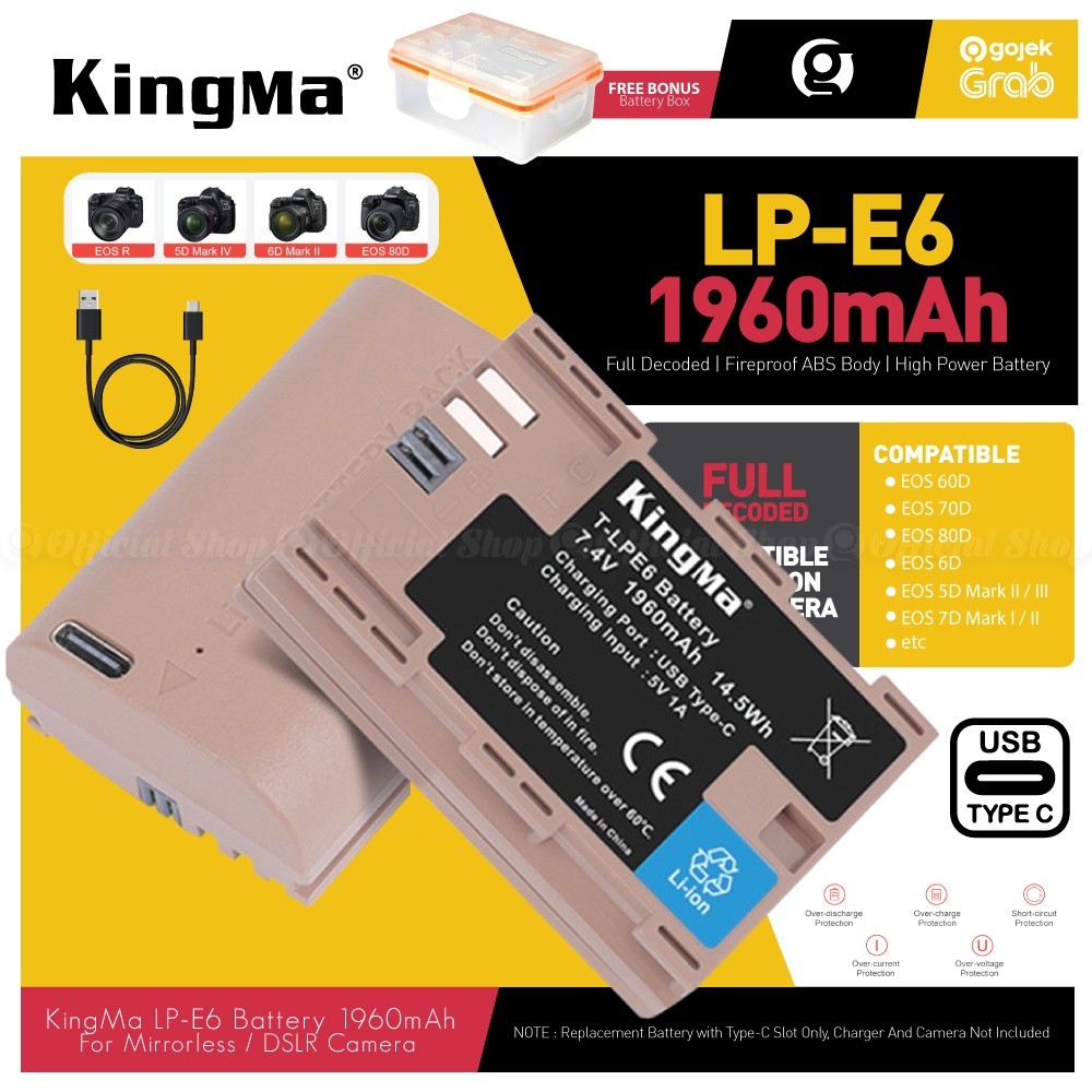 Jual KingMa Baterai LP-E6 Built-In Type C Charging Port Battery LP E6 for Canon 90D 80D 70D 60D ...