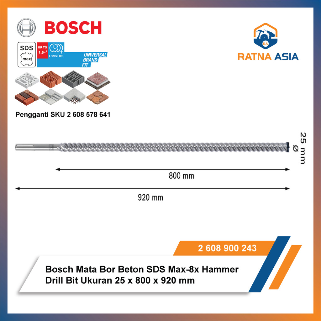 Jual Bosch Mata Bor Beton SDS Max-8x Hammer Drill Bit Ukuran 25 x 800 x ...
