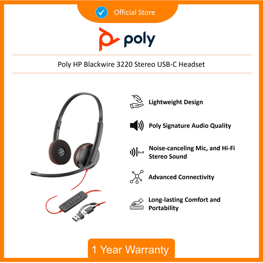 Jual Poly HP Blackwire 3220 Stereo USB-C Headset + USB-C/A Adapter ...