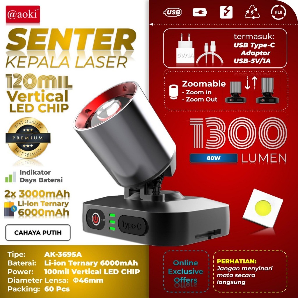 Jual SENTER KEPALA LED LASER AOKI AK-3695A 80WATT 1300 LUMEN BATERAI 6000MAH - ZOOM JARAK JAUH ...