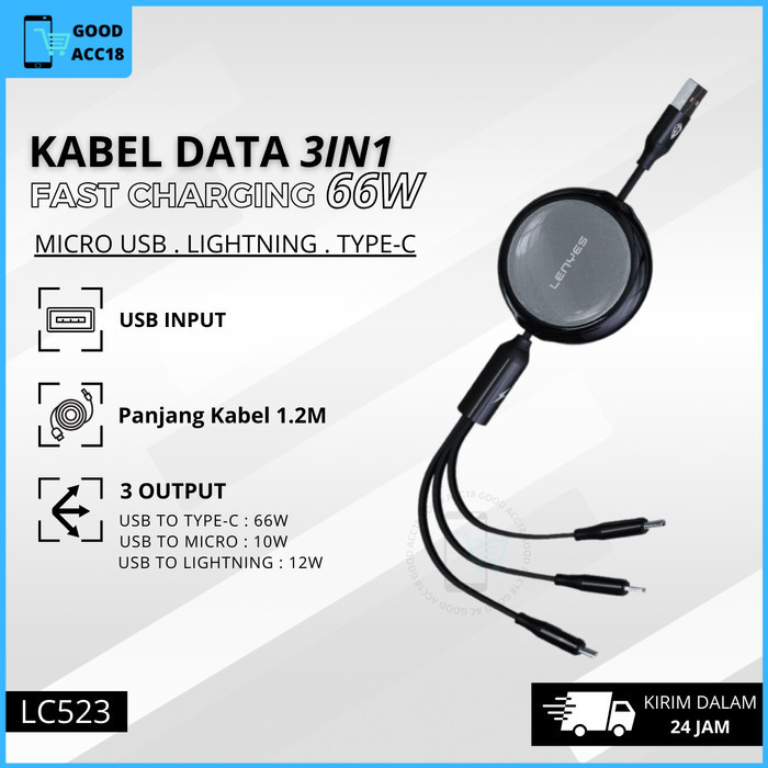 Jual Kabel Data 3 in 1 Tarik Support Fast Charging 60W USB To Micro Usb ...