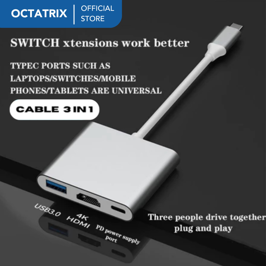 Jual Kabel Hub 3 in 1 Type C to HDMI 4K / Kabel Converter Multiport ...