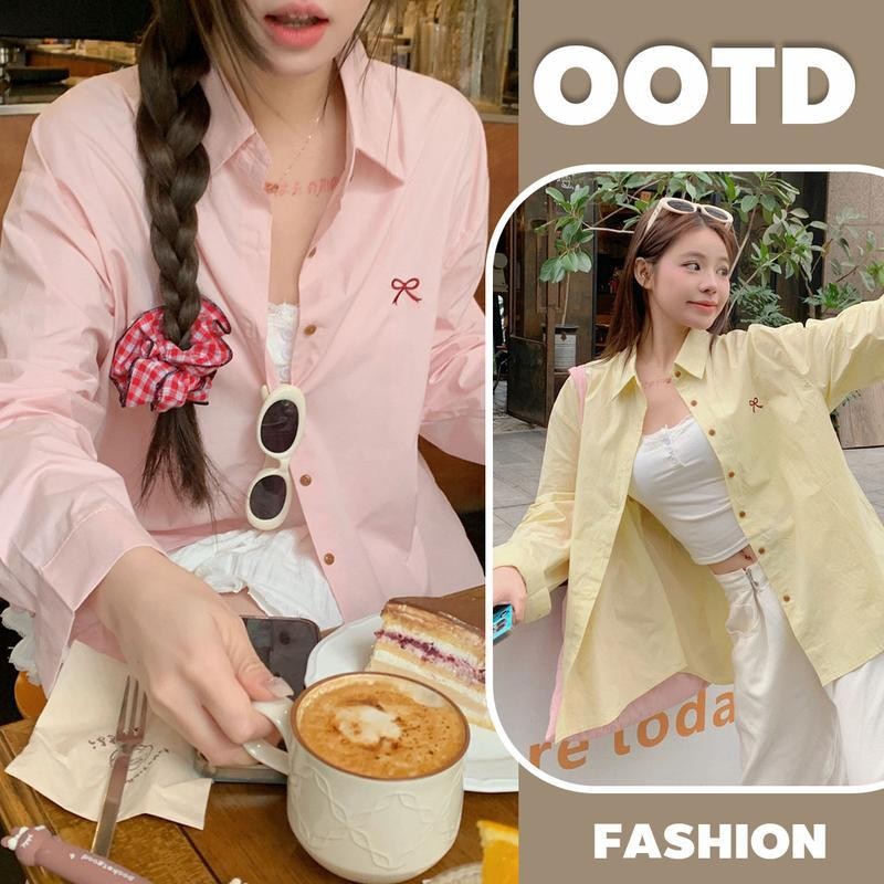 Jual Kemeja OverSize Lengan Panjang terdapat Bordir Ikatan Simpul Pita ...