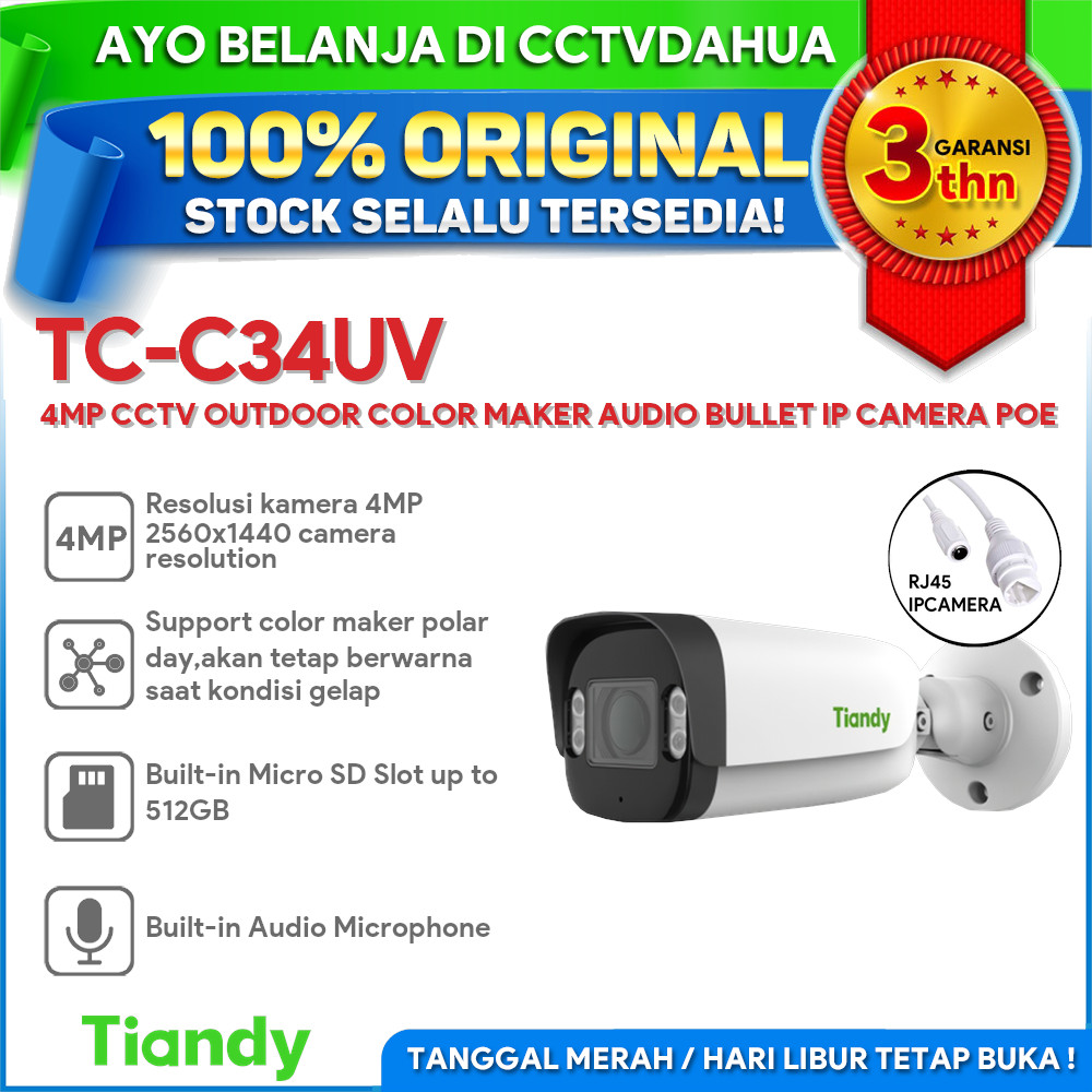 Jual TIANDY TC-C34UV 4MP CCTV OUTDOOR COLOR MAKER AUDIO BULLET IP ...
