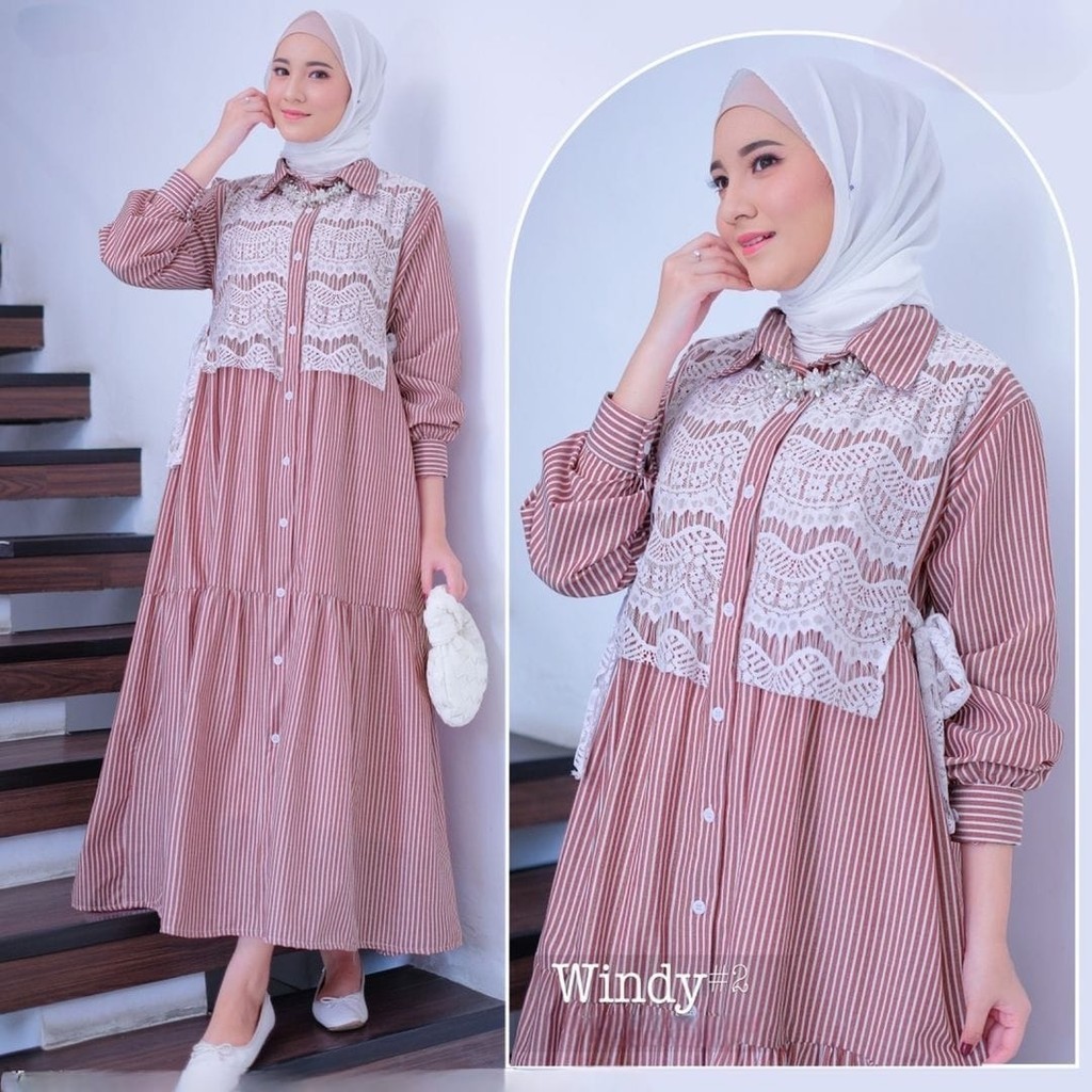 Jual Vallina Outfit - Windy Midi Dress Wanita Muslim Katun Salur Mix Brukat Premium OOTD Lebaran ...