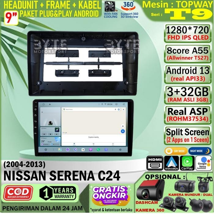 Jual Paket Headunit Android 9 inch + Frame + Soket PNP Nissan Serena C24 Topway T9 Allwinner ...