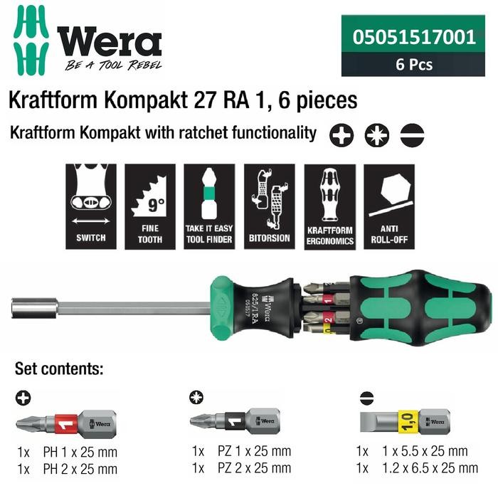Jual Wera 05051517001 - Obeng Bit Ratchet Set Kraftform Kompakt 27 RA 1 ...