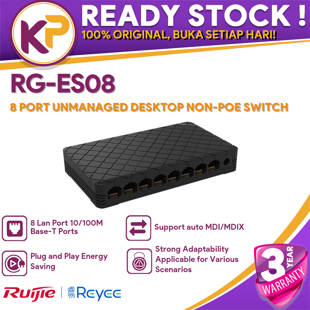 Jual RUIJIE REYEE RG-ES08 8 PORT UNMANAGED DESKTOP NON-POE SWITCH PLASTIC CASE SERIES | Shopee ...