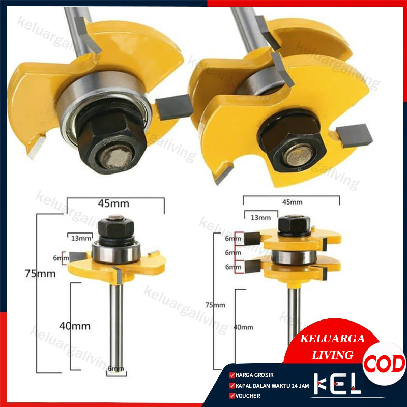 Jual 1 / 4 " Mata Profil Tongue & Groove Bentuk T 3 Gigi Shank 2pcs 8mm ...