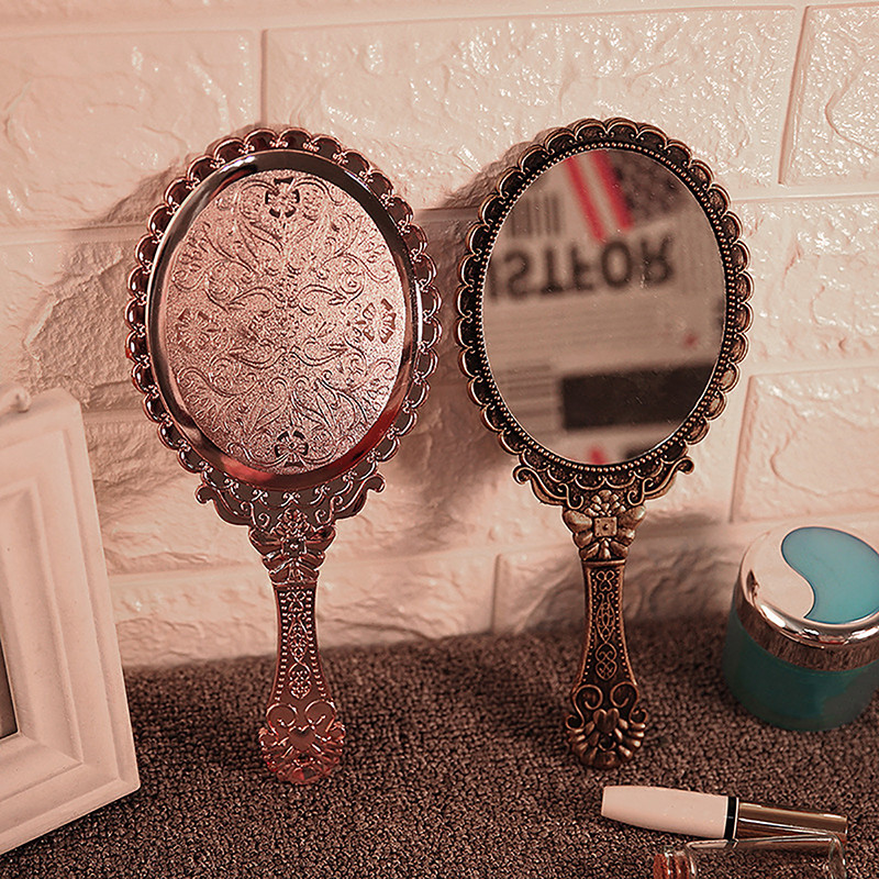 Jual Portable Vintage Lace Makeup Mirror Hand Hold Oval Round Mirror ...