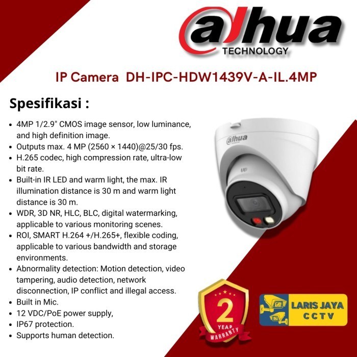 Jual CCTV IP Camera Dahua 4MP DH-IPC-HDW1439V-A-IL Audio Dual Light ...