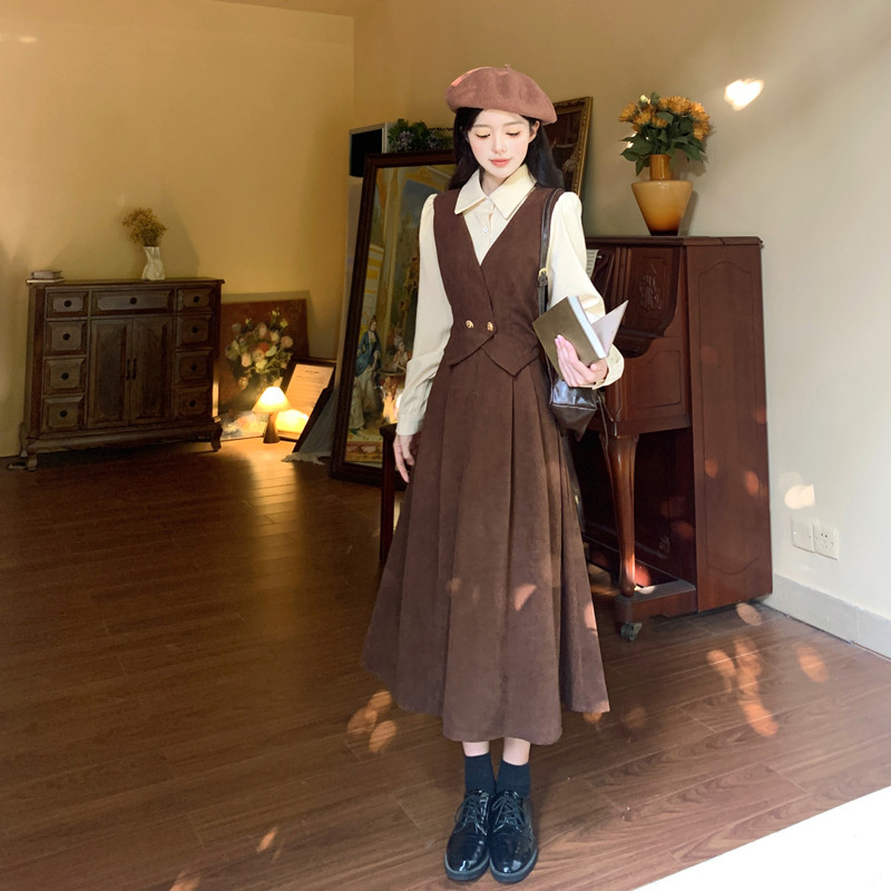 Jual COD#kuning-coklat Preppy Style Dress Corduroy French Midi Dress ...