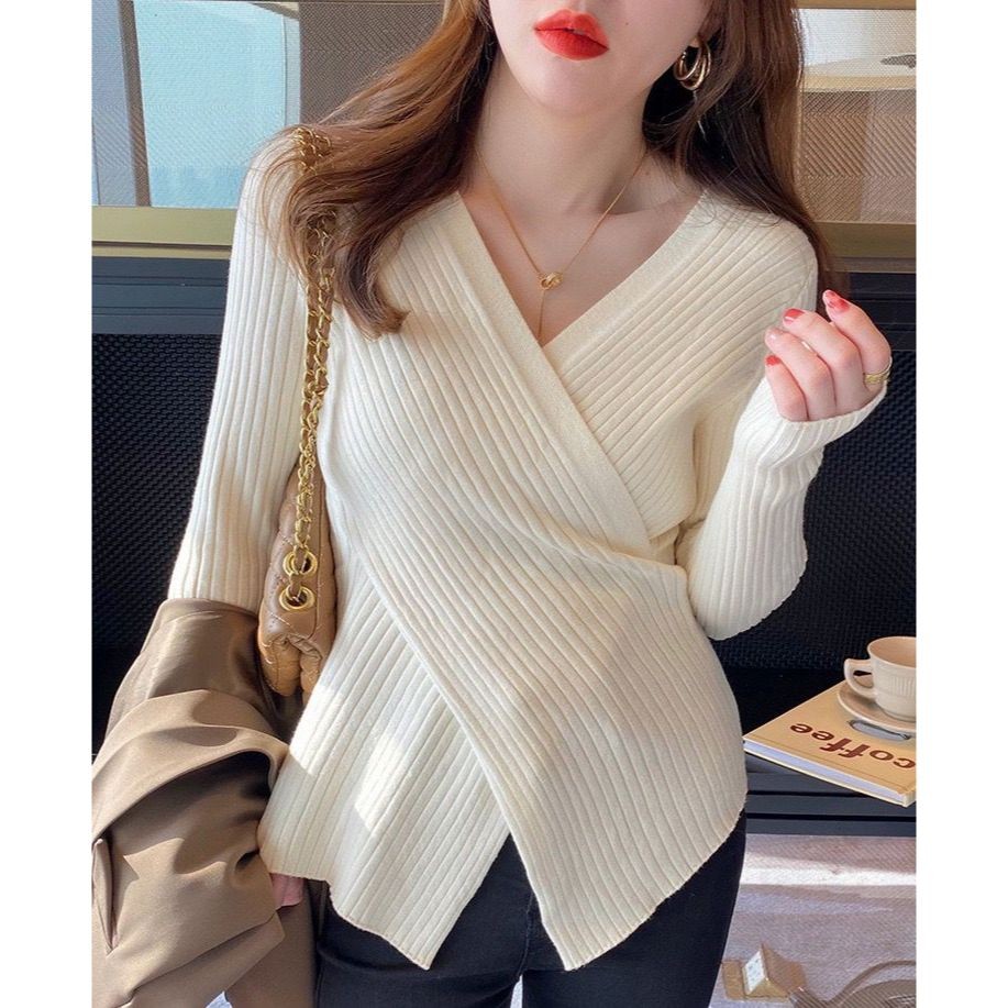 Jual MAOMAO Alara Sweater Wanita Korean Style Wrap Top Atasan Rajut V-Neck Lengan Panjang ...