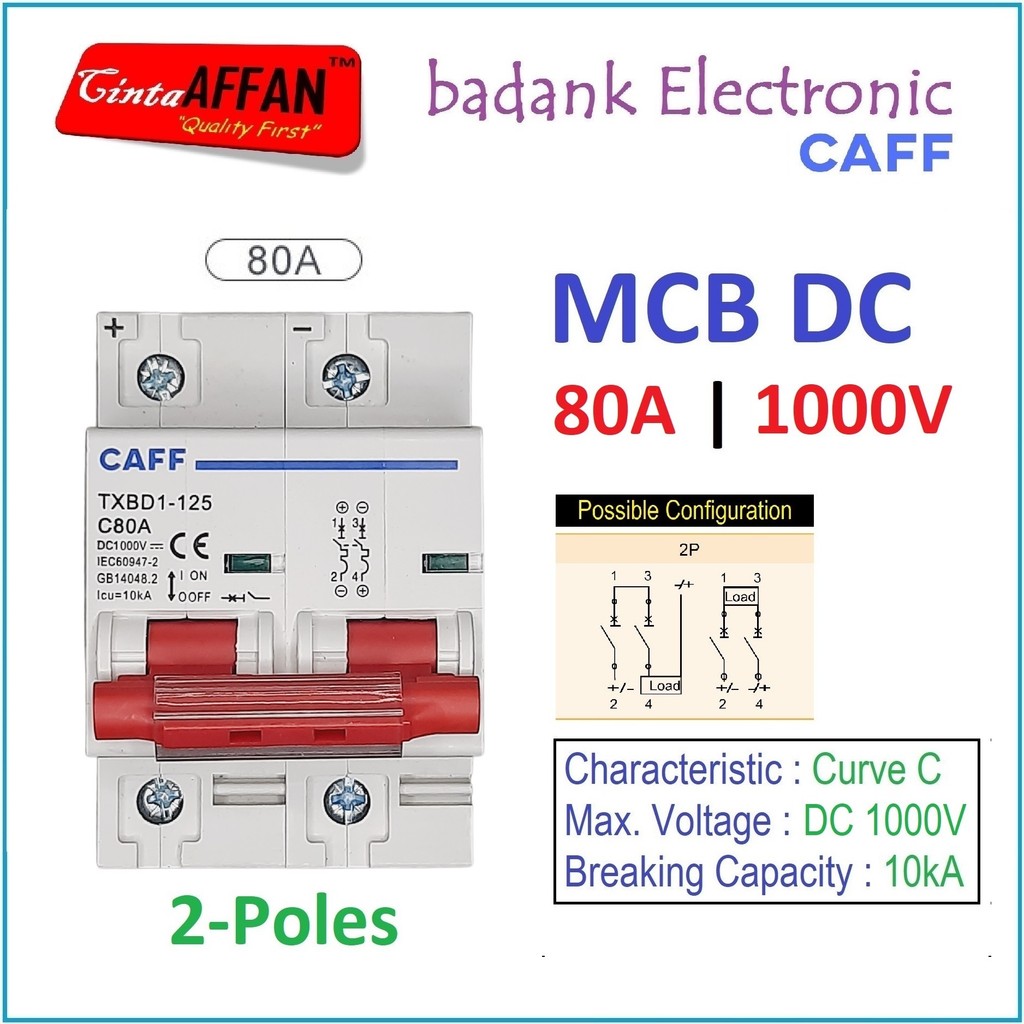 Jual CAFF MCB DC C80 80A 1000V 2P Circuit Breaker Solar PV Panel Surya ...