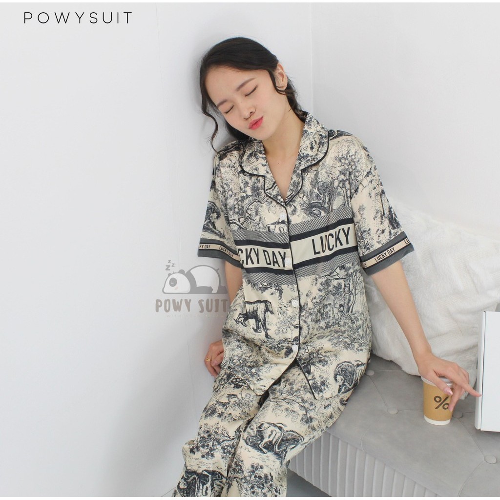 Jual ST41 Lucky Day Piyama Satin Powysuit Baju Tidur Wanita Setelan Lengan Pendek Celana Panjang ...