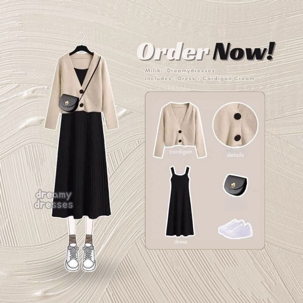 Jual One Set 63 - 2in1 Setelan Inner Dress Hitam cardigan Cream Korean ...