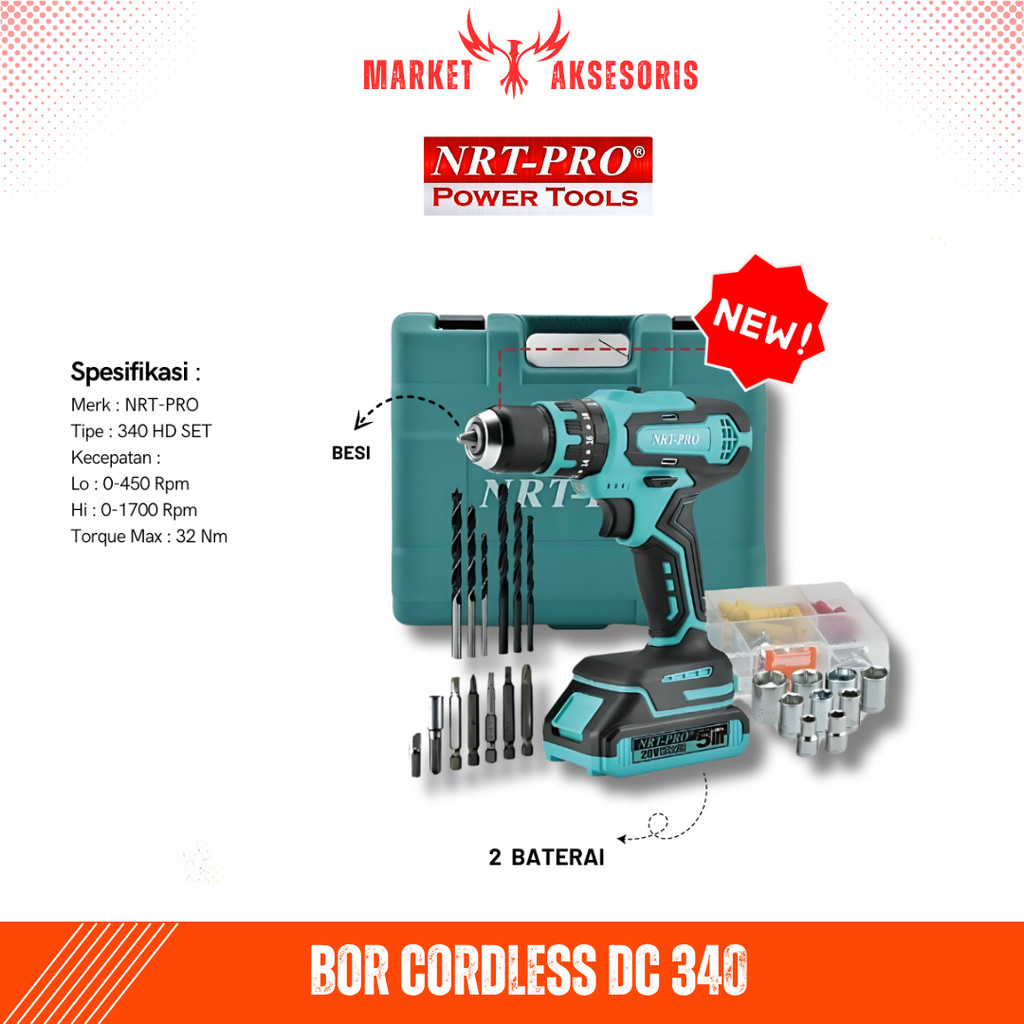 Jual NRT PRO Mesin Bor Portable DC340 SET 20 V Cordless Impact Hammer ...