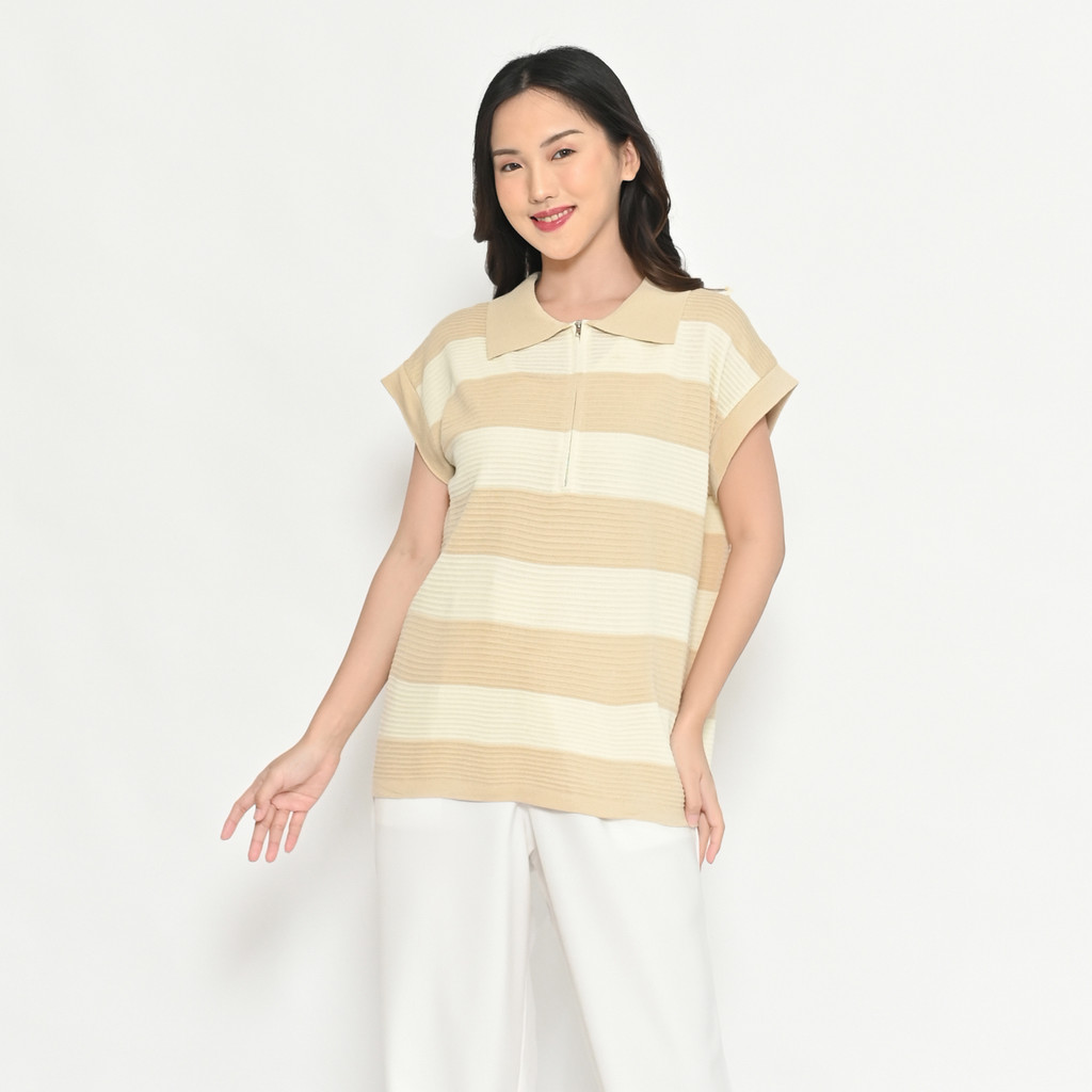 Jual QUEENTIN Blouse Wanita Rajut 5043 Jacquard Mesh Knit Motif Salur ...