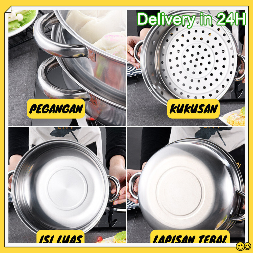 Jual ANQI Panci Stainless Kukusan Serbaguna 2 Susun Tutup Kaca / Panci ...