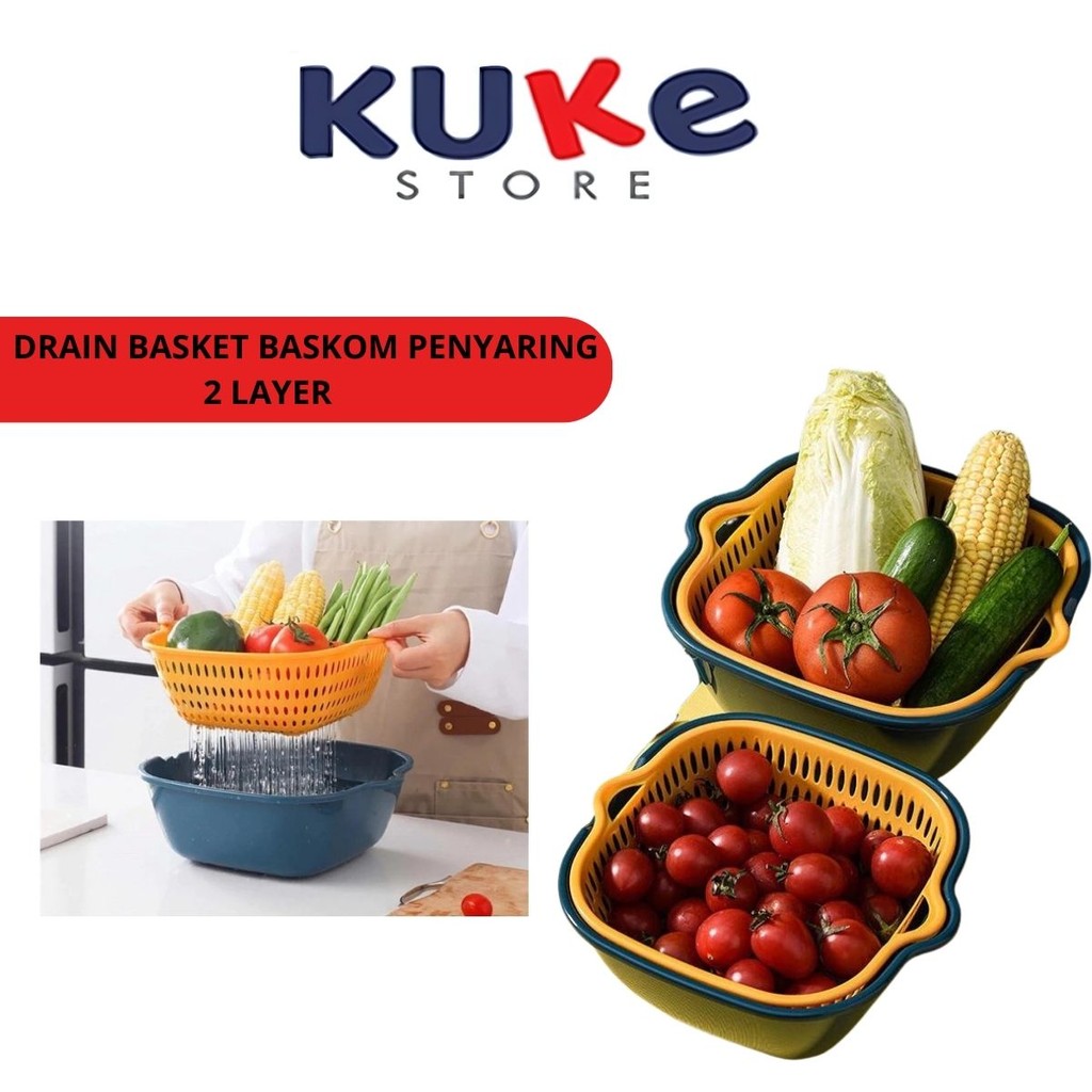 Jual Keranjang Saringan Wadah Cuci Buah Sayur 2 Layer / Baskom Set ...