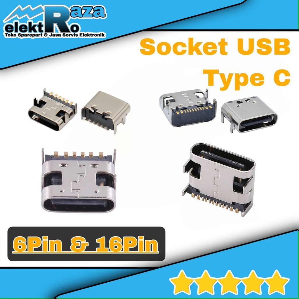 Jual Socket Konektor Soket USB 3.1 Type C Tipe C Female 6Pin 16Pin PCB ...