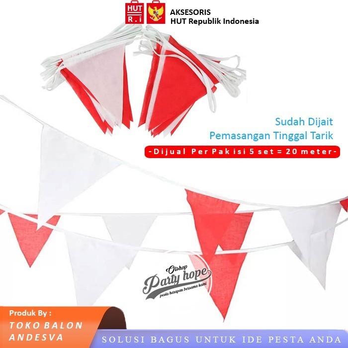 Jual ( isi 5 set ) bendera kain polyester segitiga merah putih 20 meter / umbul umbul segitiga ...