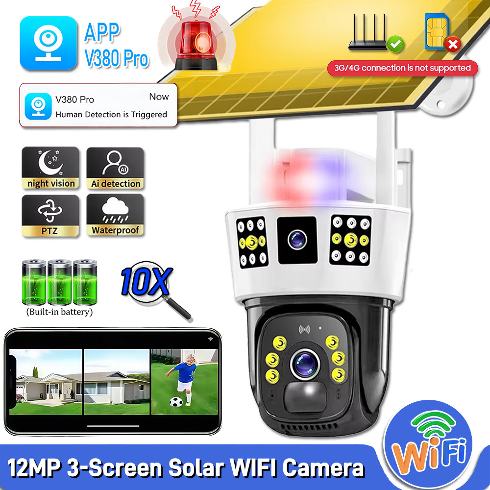 Jual 12MP Triple Screen Solar WiFi Camera Wireless Battery Low Powered ...
