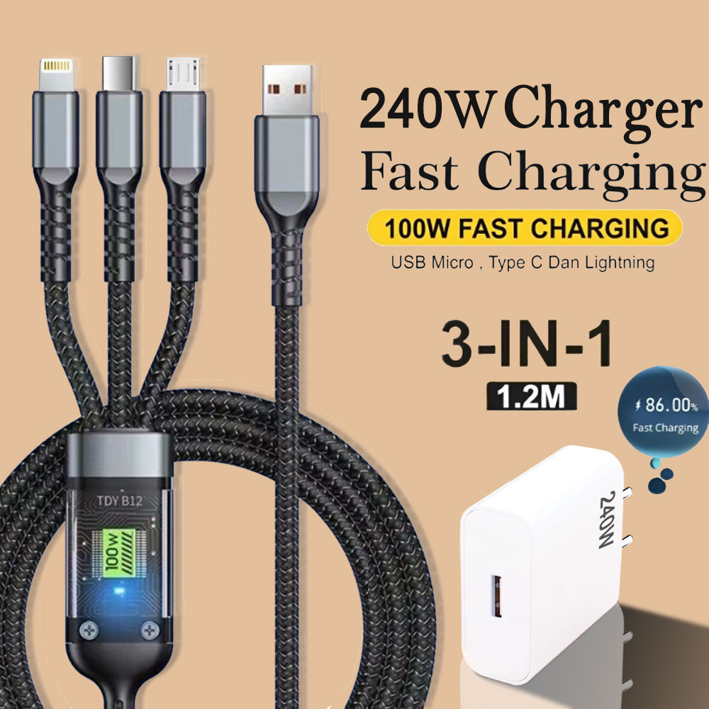 Jual Data 3 in 1 Braided anti bending data cable 240W ultra fast ...