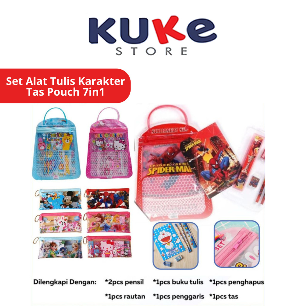Jual Set Alat Tulis Karakter Tas Pouch 7in1 / Paket Lengkap Pensil Penghapus Rautan Penggaris ...